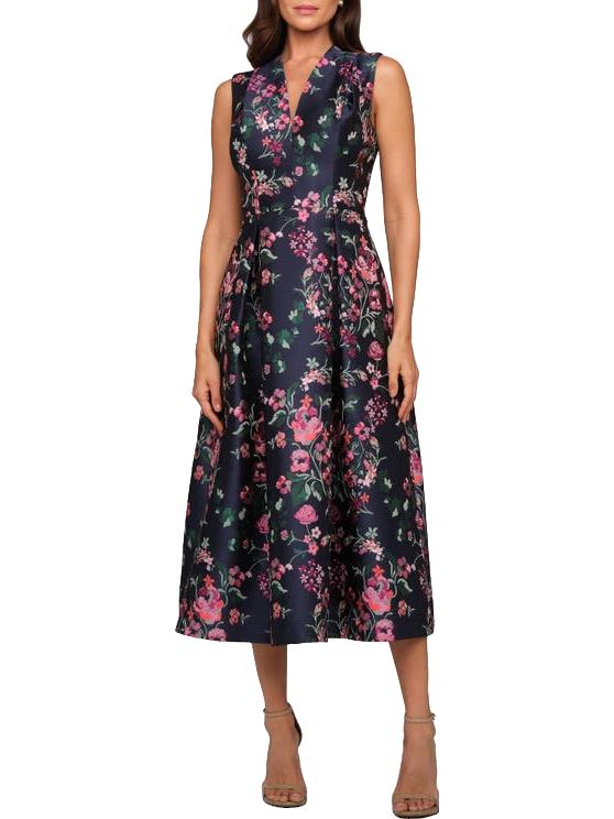 KAY UNGER Kay Unger Rhea Floral V-Neck Midi Dress